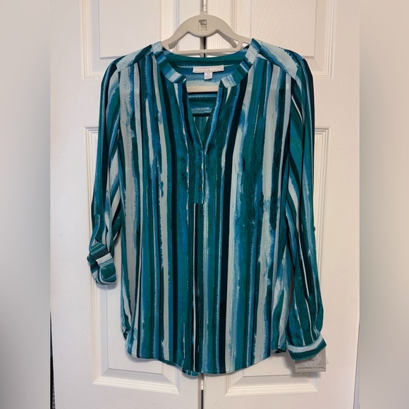 Juniper + Lime | Tops | Green And Blue Relaxed Blouse With Mandarin ...